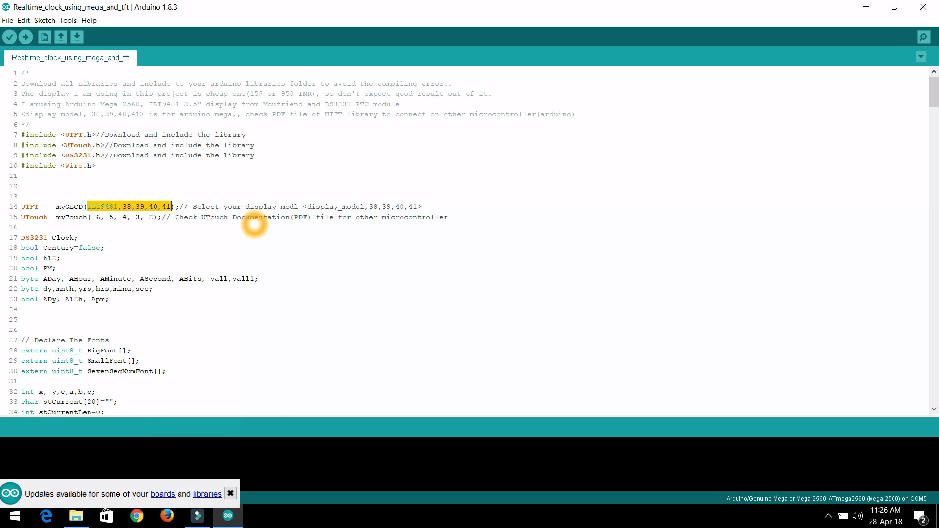How to Make Realtime Clock Using Arduino and TFT Display|Arduino Mega ...