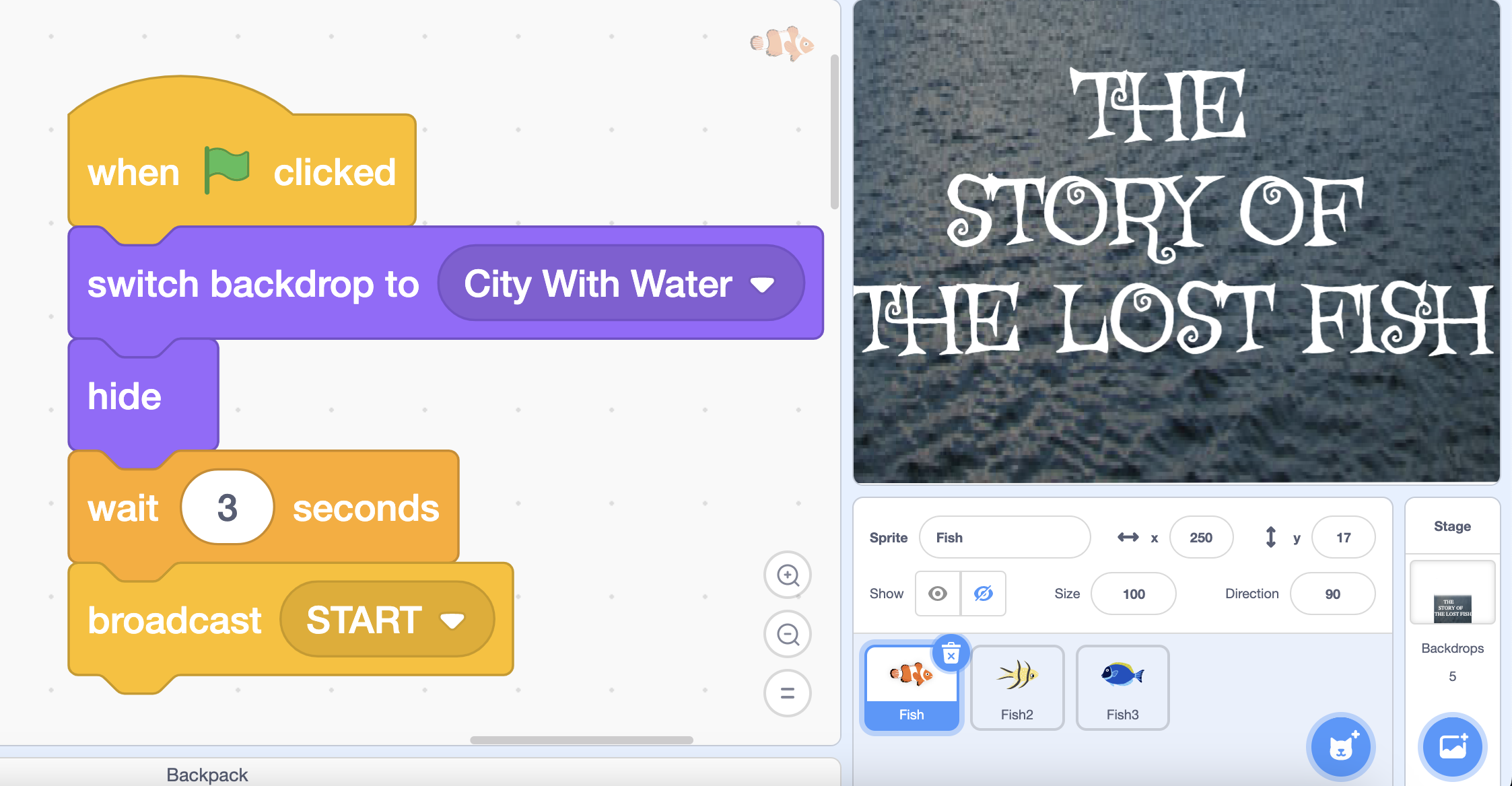 How to Make a Short Story in Scratch- THE STORY OF THE LOST FISH. : 10 ...