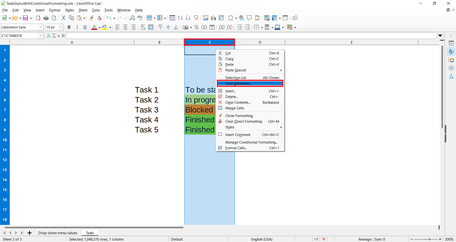 LibreOffice Calc: Drop-down Menu for Task Progression Values With ...