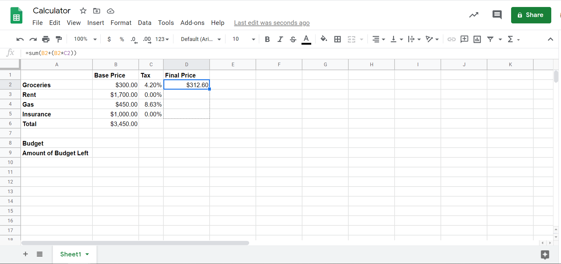 Creating a Google Sheets Specific Use Calculator Using Functions ...