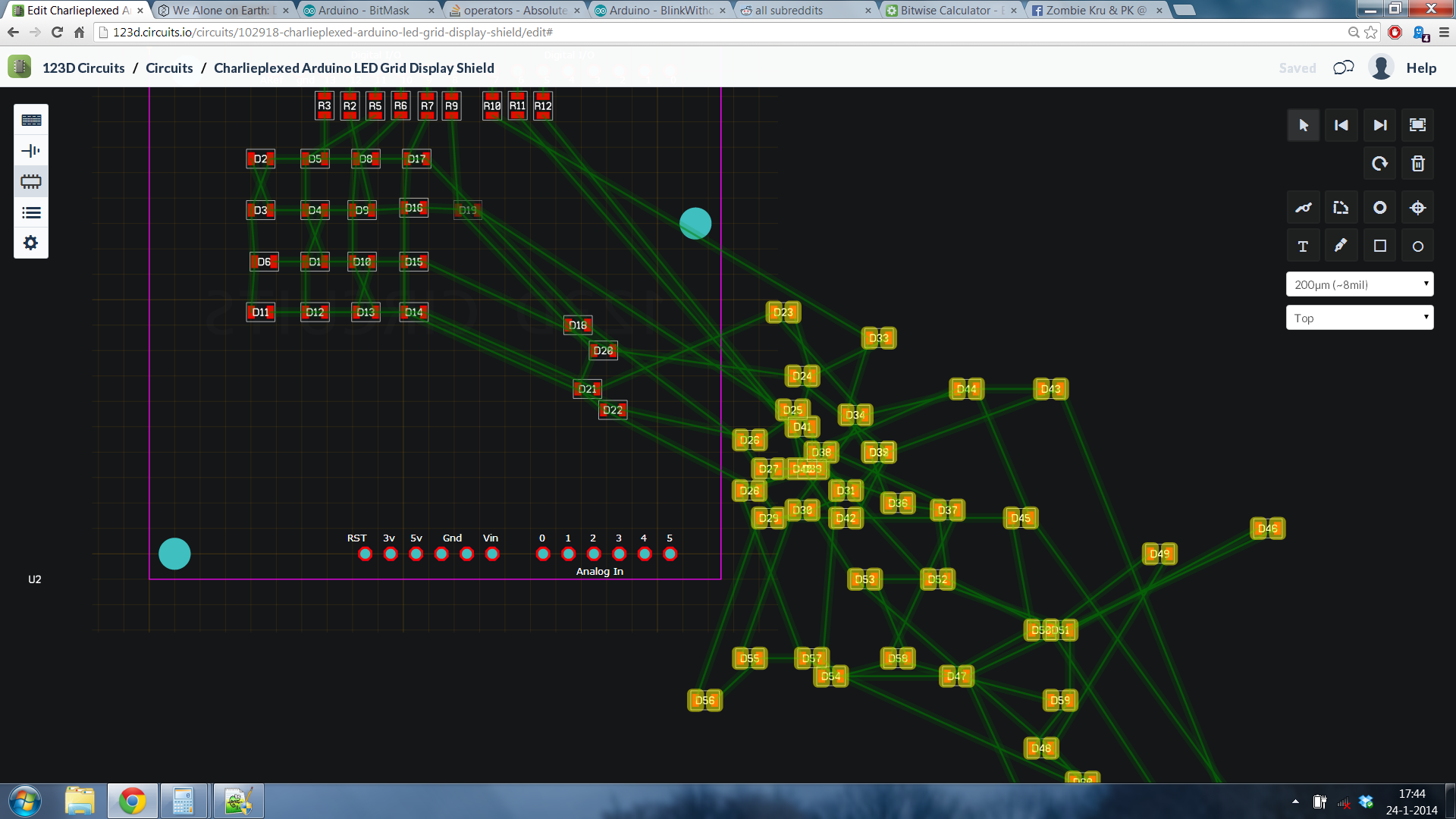 Charlieplexed Arduino 8x8 LED Grid Display Shield Made and Simulated in 123D Circuits : 4 Steps ...