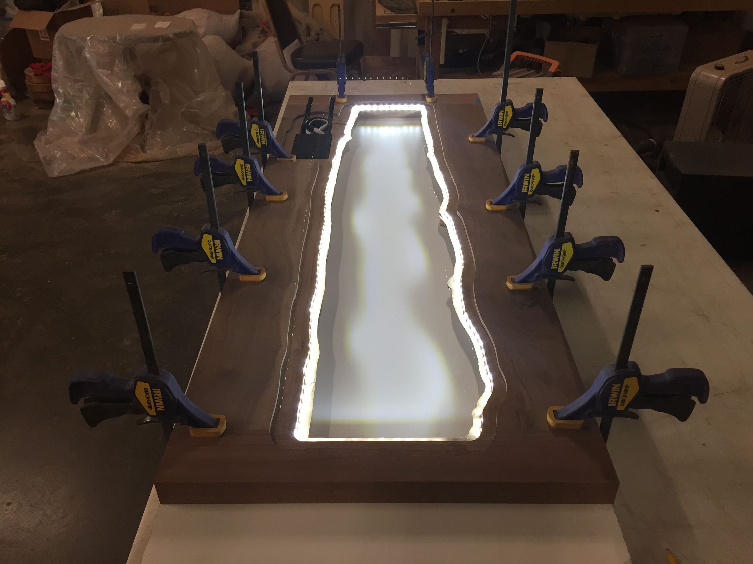 LED Lit Walnut and Resin-River Coffee Table That Charges Your Phone ...