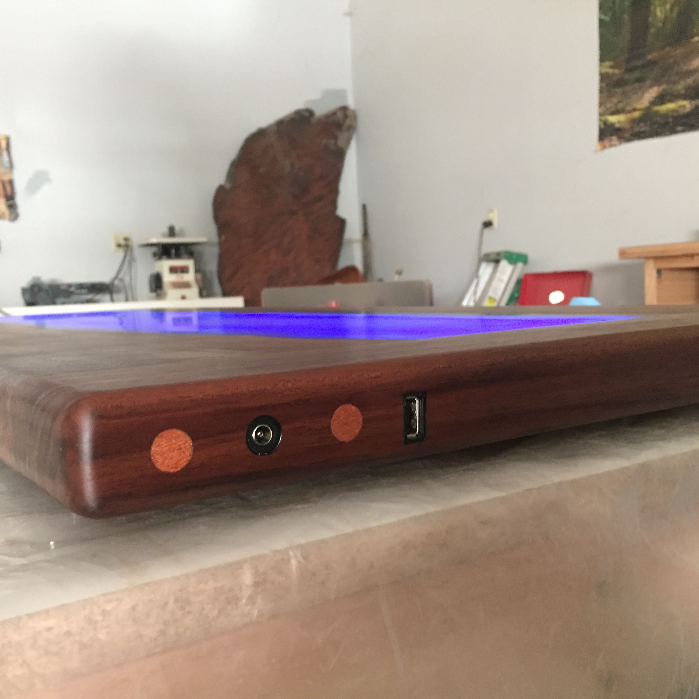 LED Lit Walnut and Resin-River Coffee Table That Charges Your Phone ...