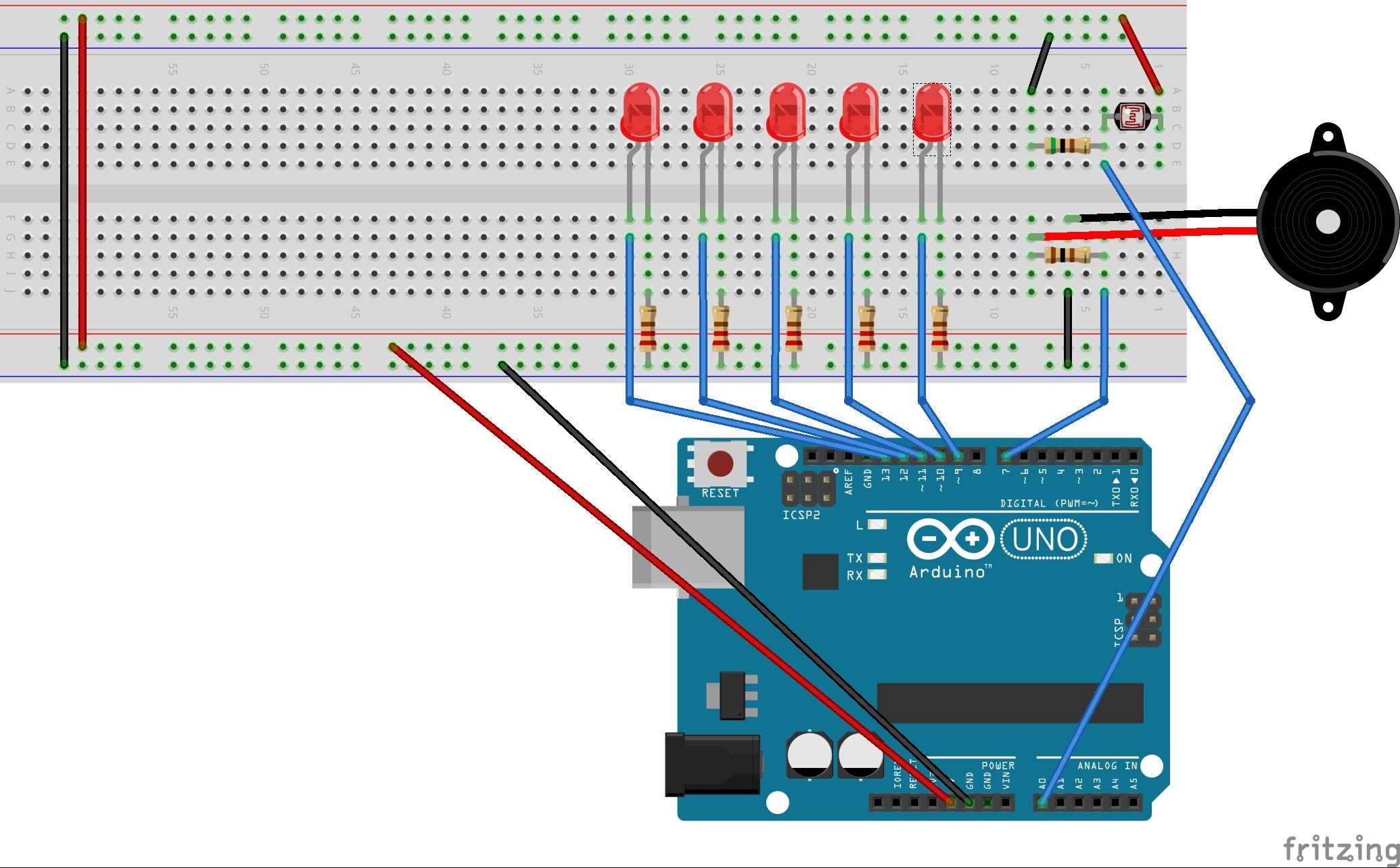 Arduino Light Sensor With Buzzer and Blinking LEDs : 5 Steps ...
