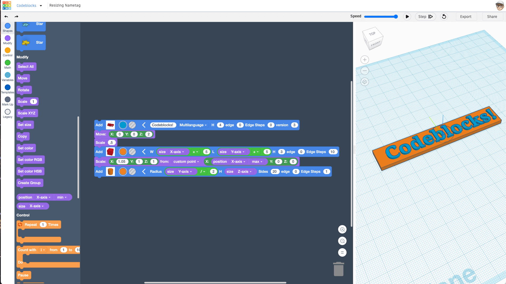 Tinkercad Codeblocks: Resizing Nametag : 11 Steps (with Pictures ...