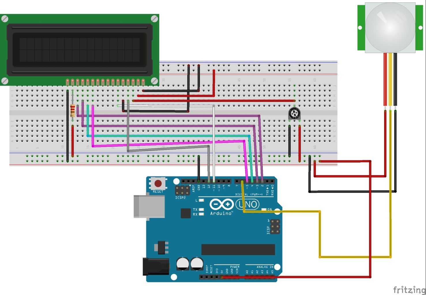Arduino Pir Motion Detector With 16x2 Lcd 3 Steps Instructables