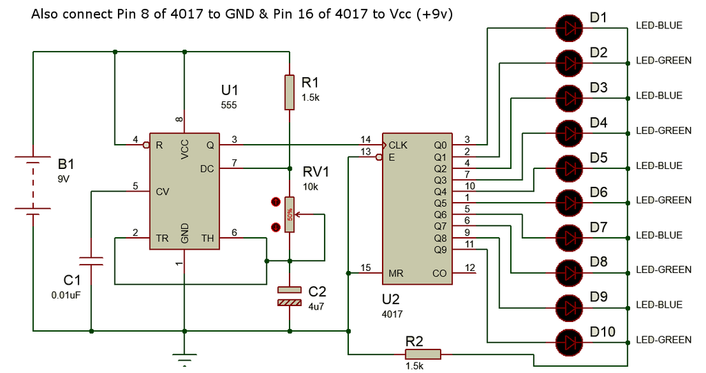 Running LED | LED Chaser or Sequencer Using 555 & 4017 - Instructables