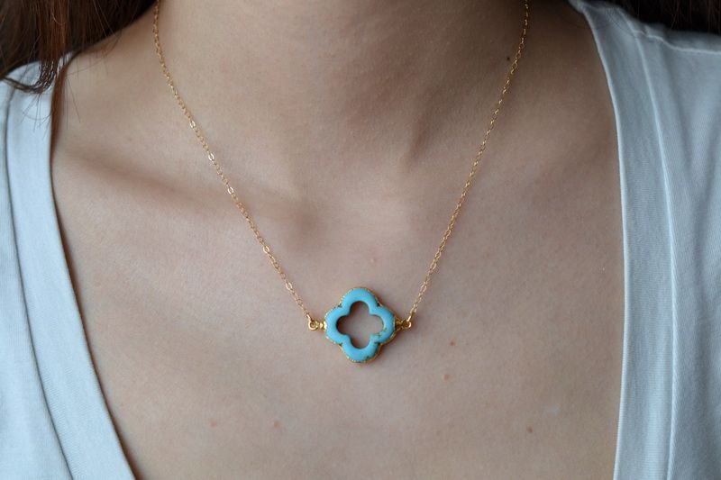 Turquoise Clover Quatrefoil Necklace, 24K Gold Edged, Modern, 14K Gold ...