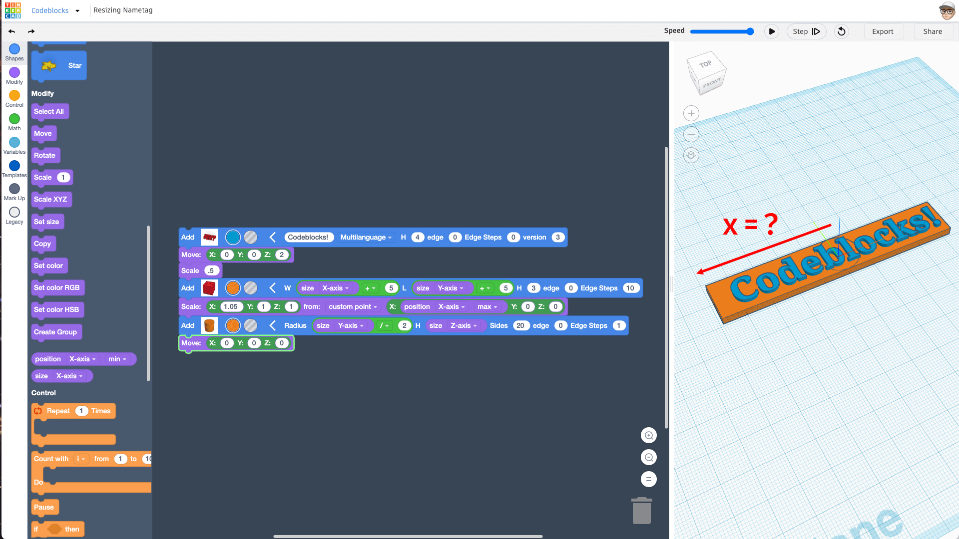 Tinkercad Codeblocks: Resizing Nametag : 11 Steps (with Pictures ...