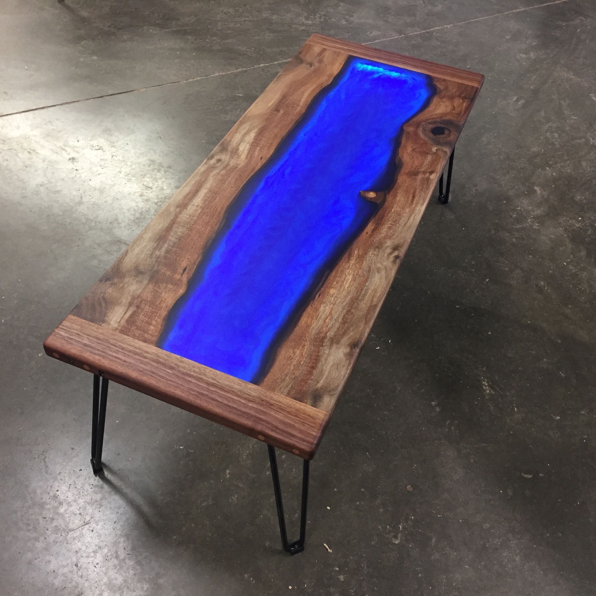 LED Lit Walnut and Resin-River Coffee Table That Charges Your Phone ...