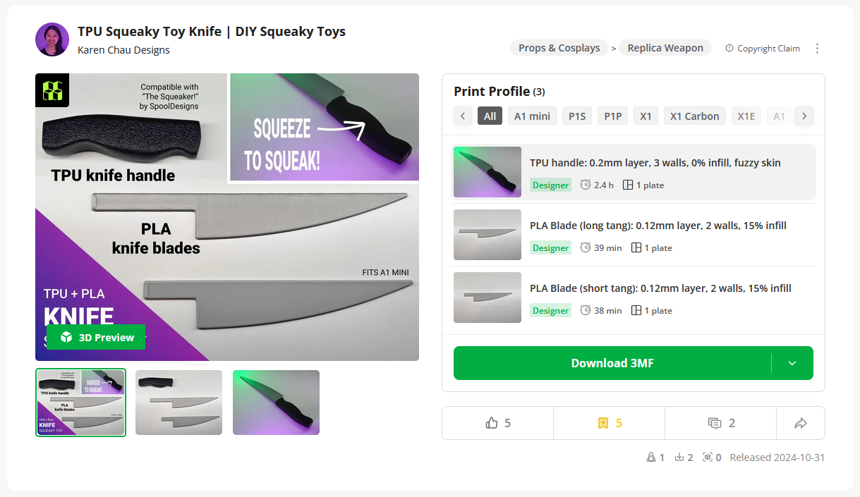 Fully 3D Printed Knife Prop W/ Built-In Sound Effects (Halloween Movie ...