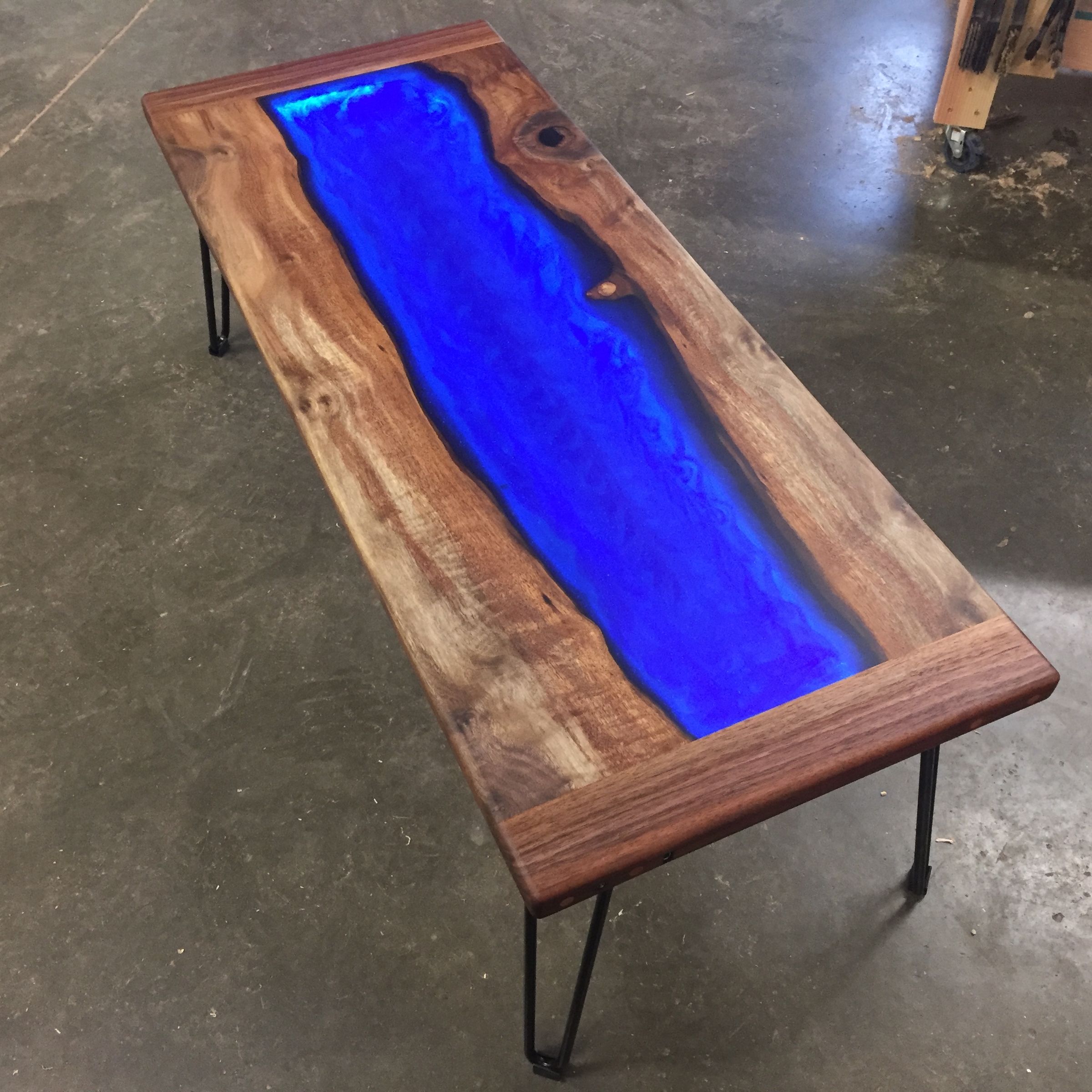 LED Lit Walnut and Resin-River Coffee Table That Charges Your Phone ...