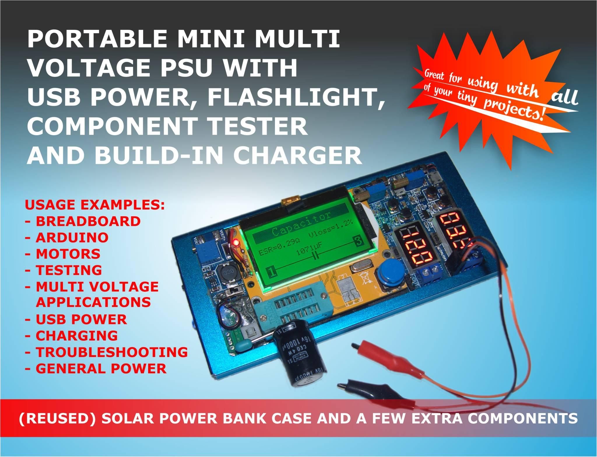 PORTABLE MINI MULTI VOLTAGE PSU WITH USB, FLASHLIGHT, COMPONENT TESTER ...