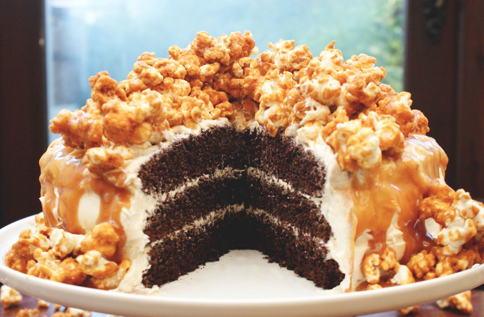 Triple Layer Chocolate Cake With Salted Caramel Buttercream & Popcorn ...