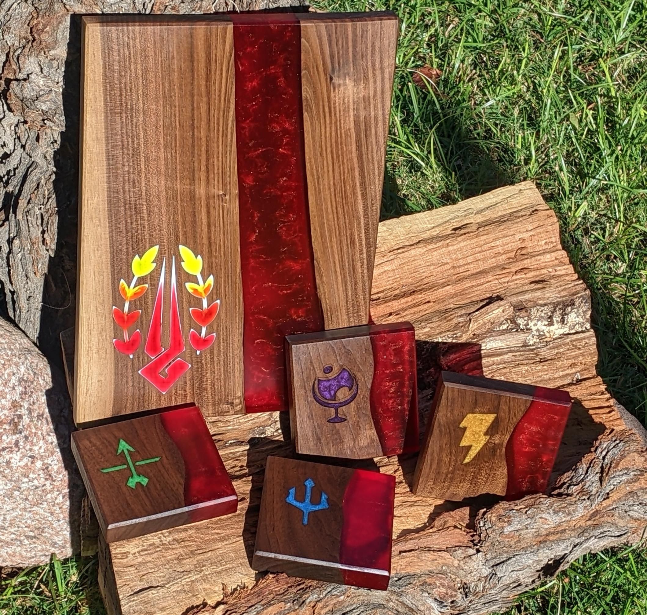 Laser-engraved Hades Resin Cutting Board and Coaster Set; River of Styx ...