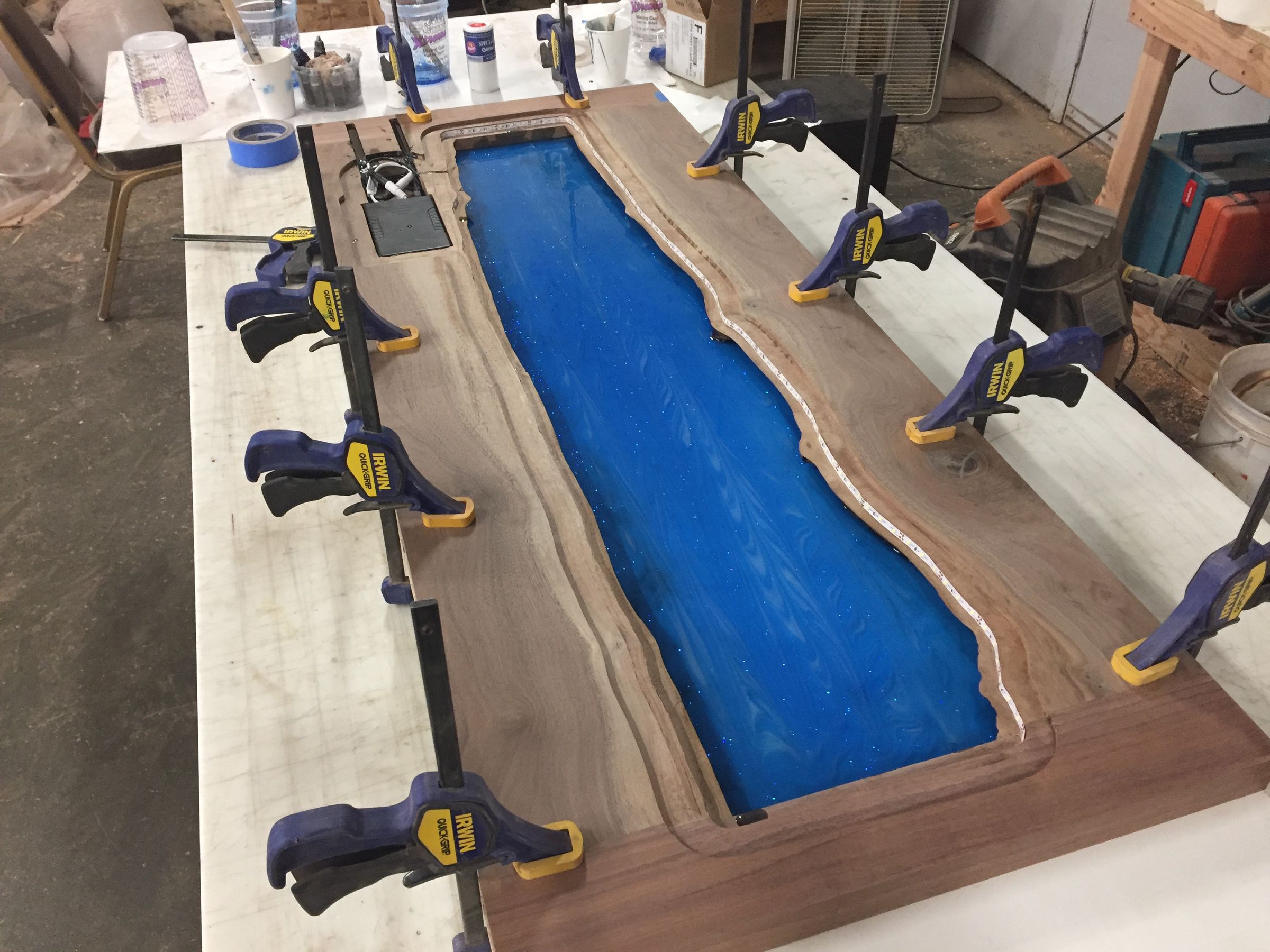 LED Lit Walnut and Resin-River Coffee Table That Charges Your Phone ...