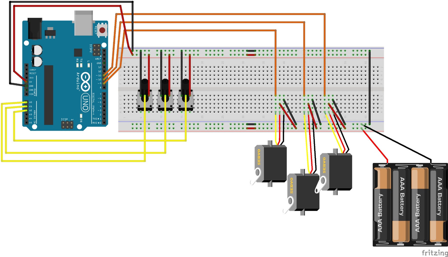 Controlling 3 Servo Motors With 3 Potentiometers And An Arduino 11
