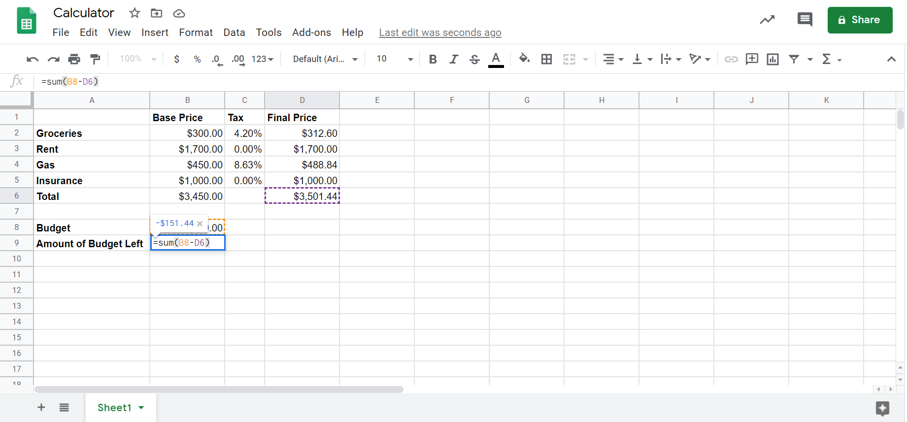 Creating a Google Sheets Specific Use Calculator Using Functions ...