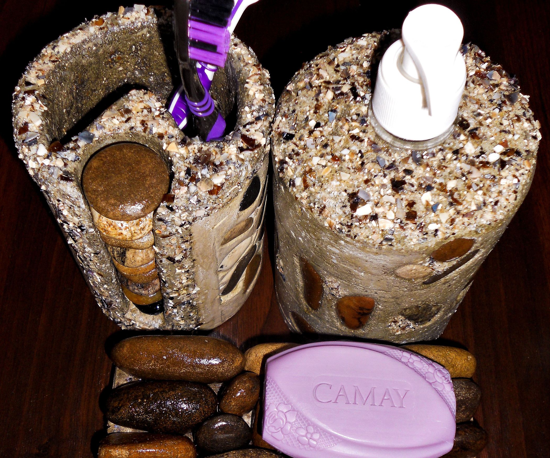 Concrete & Pebble Bath Set: Toothbrush Stand, Soap Stand, Soap ...