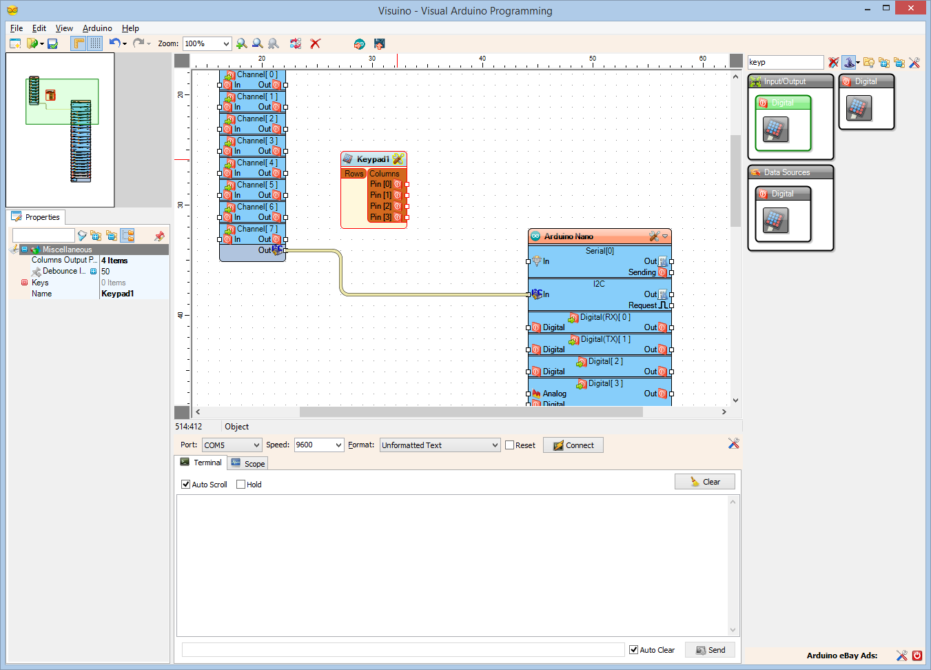 Arduino Nano: I2C Matrix Keypad With PCF8574/PCF8574A GPIO and Visuino ...