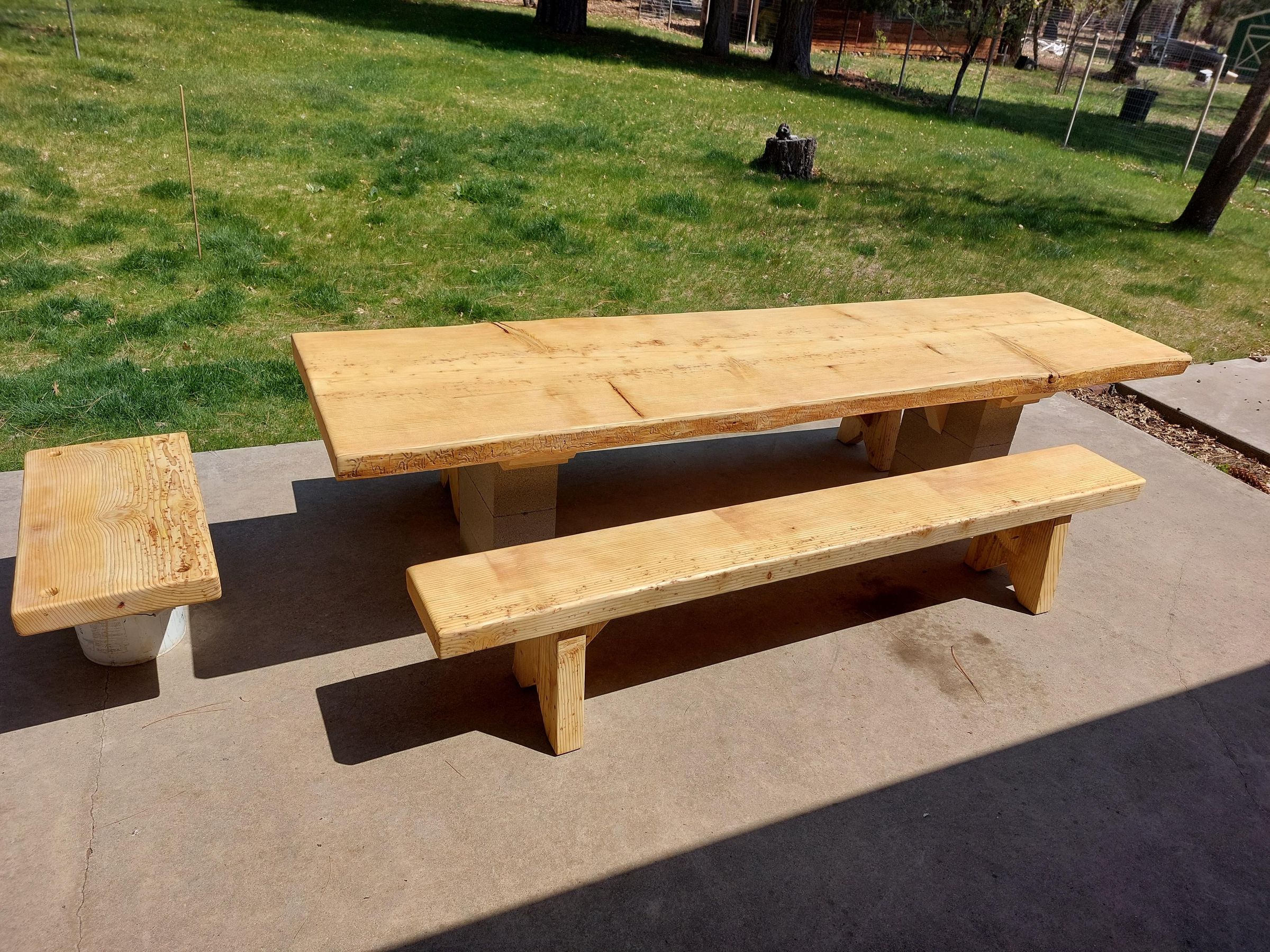 Patio Table With Cinder Block Legs and Beeswax Finish (Benches Included ...