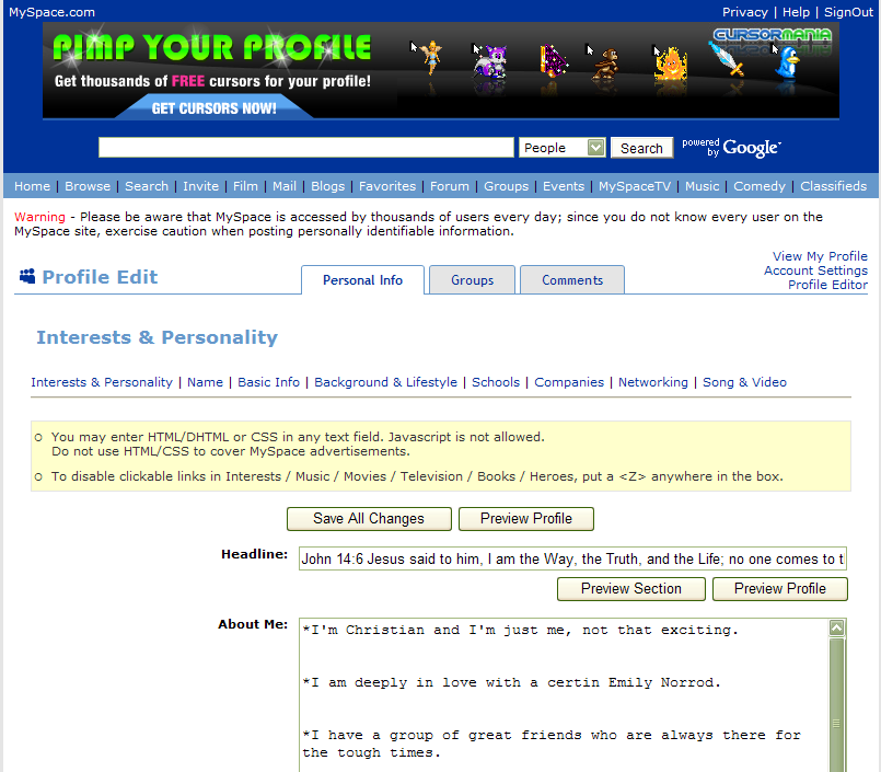 Myspace Cursors Code